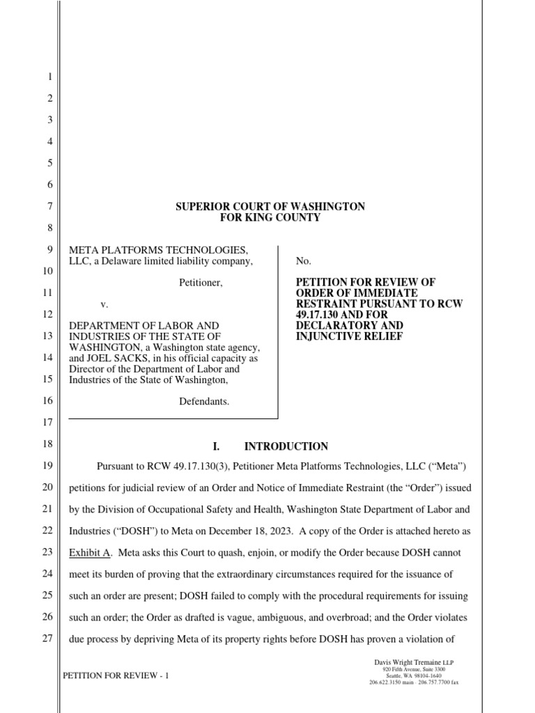 META PLATFORMS TECHNOLOGIES, LLC, v. DEPARTMENT OF LABOR AND INDUSTRIES ...