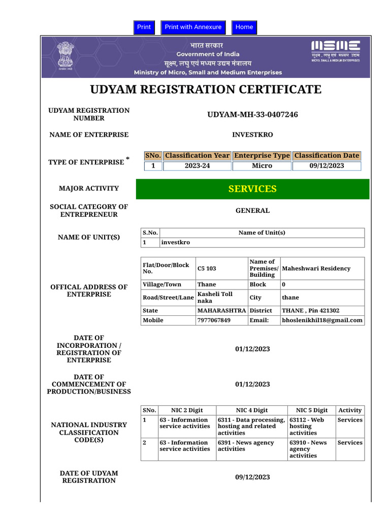 Print - Udyam Registration Certificate | PDF