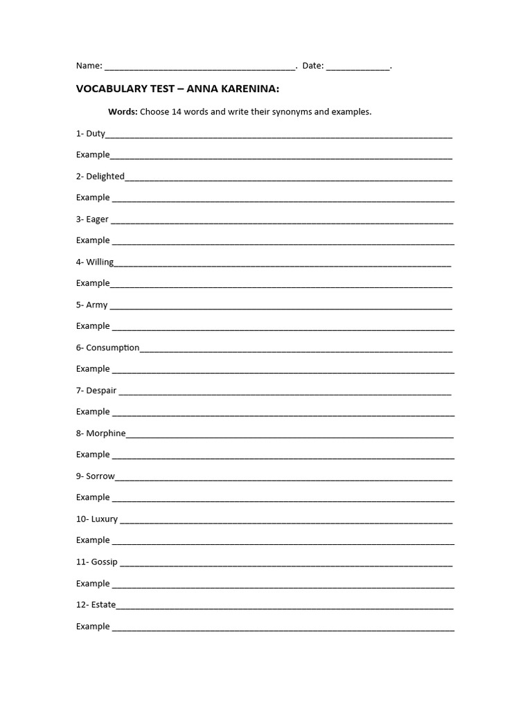 Vocabulary Test - ANNA KARENINA ADULT | PDF | Career & Growth
