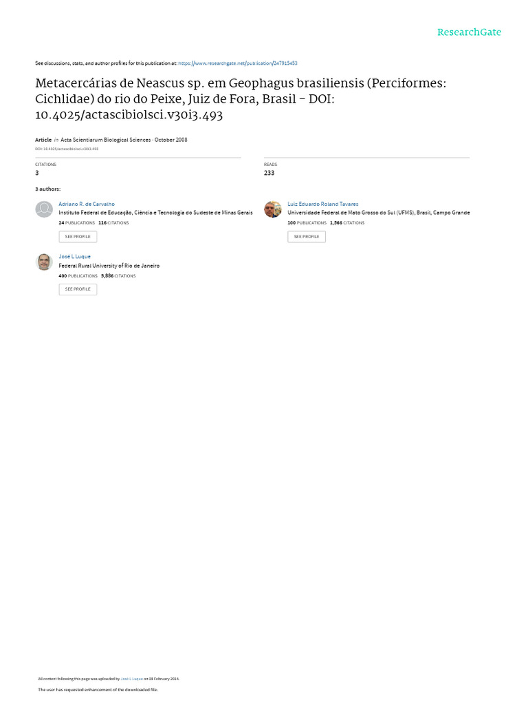 Metacercárias em Peixes Brasileiros | PDF