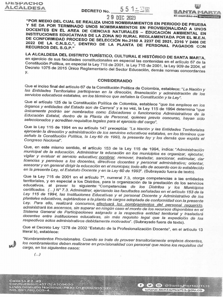 Nombramientos Periodo de Pruebas Ciencias Naturales - 551 | PDF