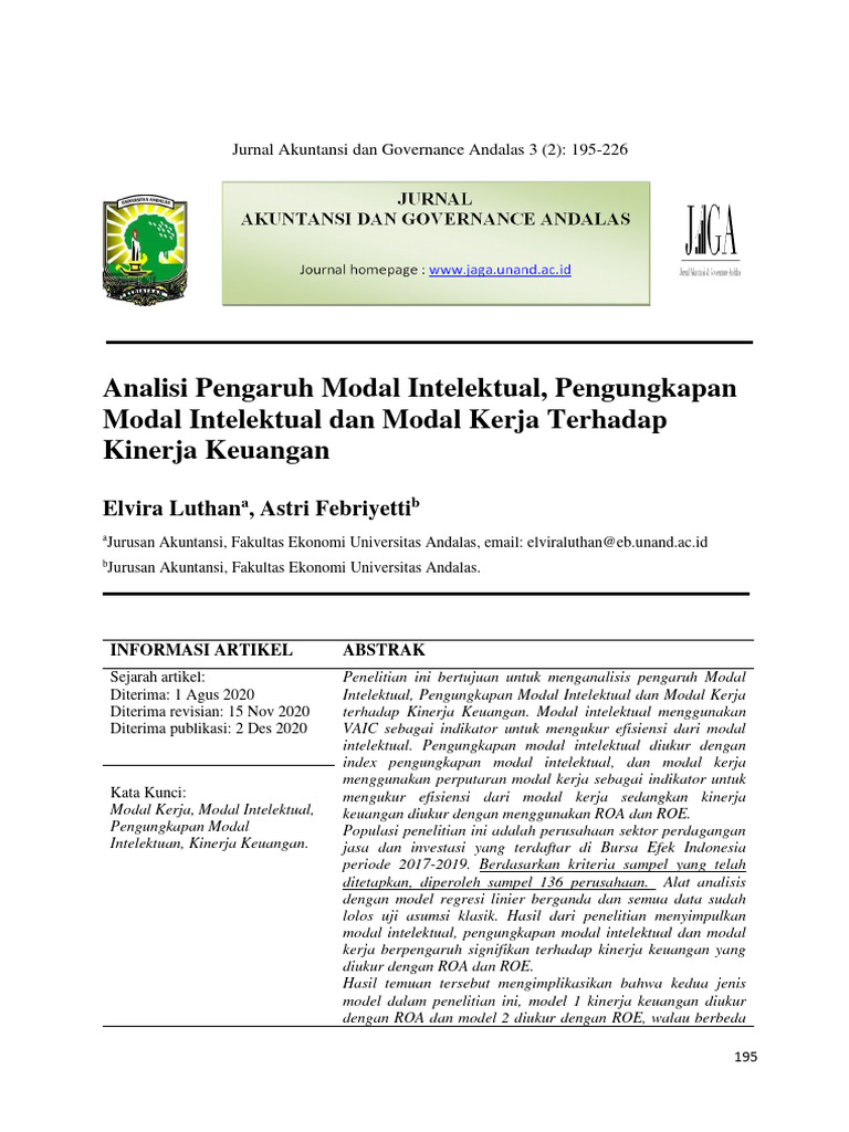 Analisi Pengaruh Modal Intelektual, Pengungkapan Modal Intelektual Dan Modal Kerja Terhadap ...