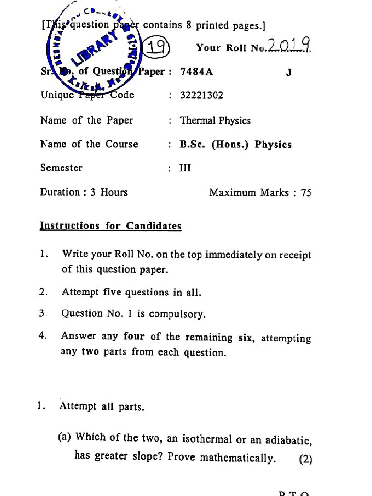 Thermal physics sem 3 pyq pk | PDF