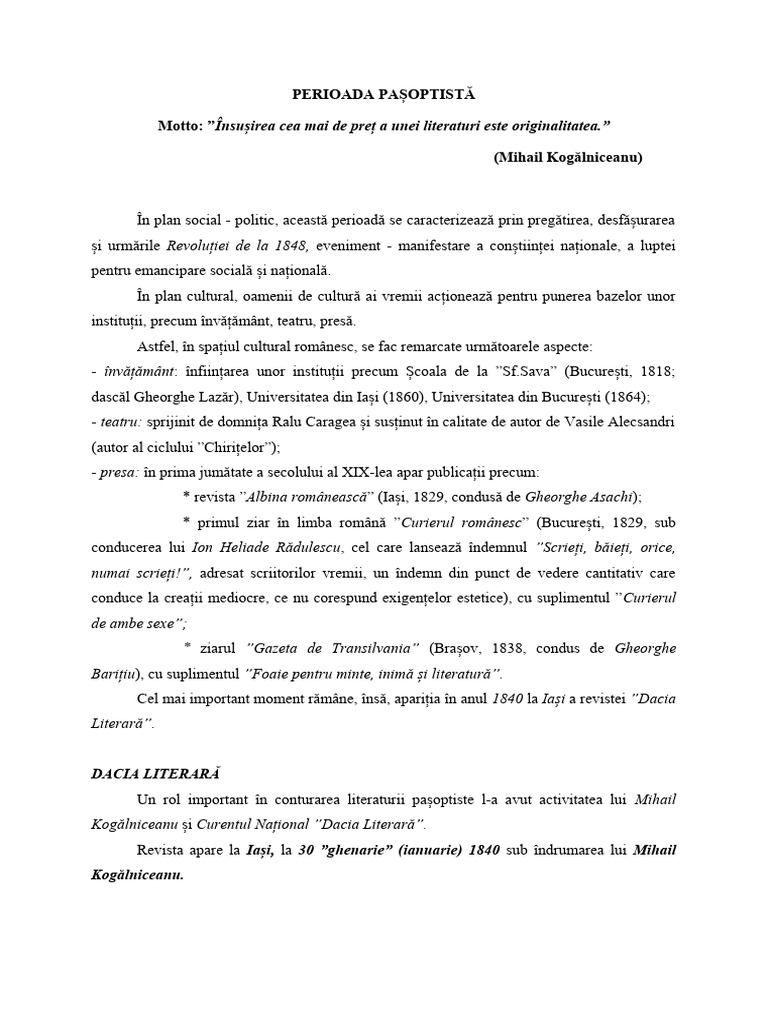DACIA LITERARĂ - PASOPTISMUL | PDF