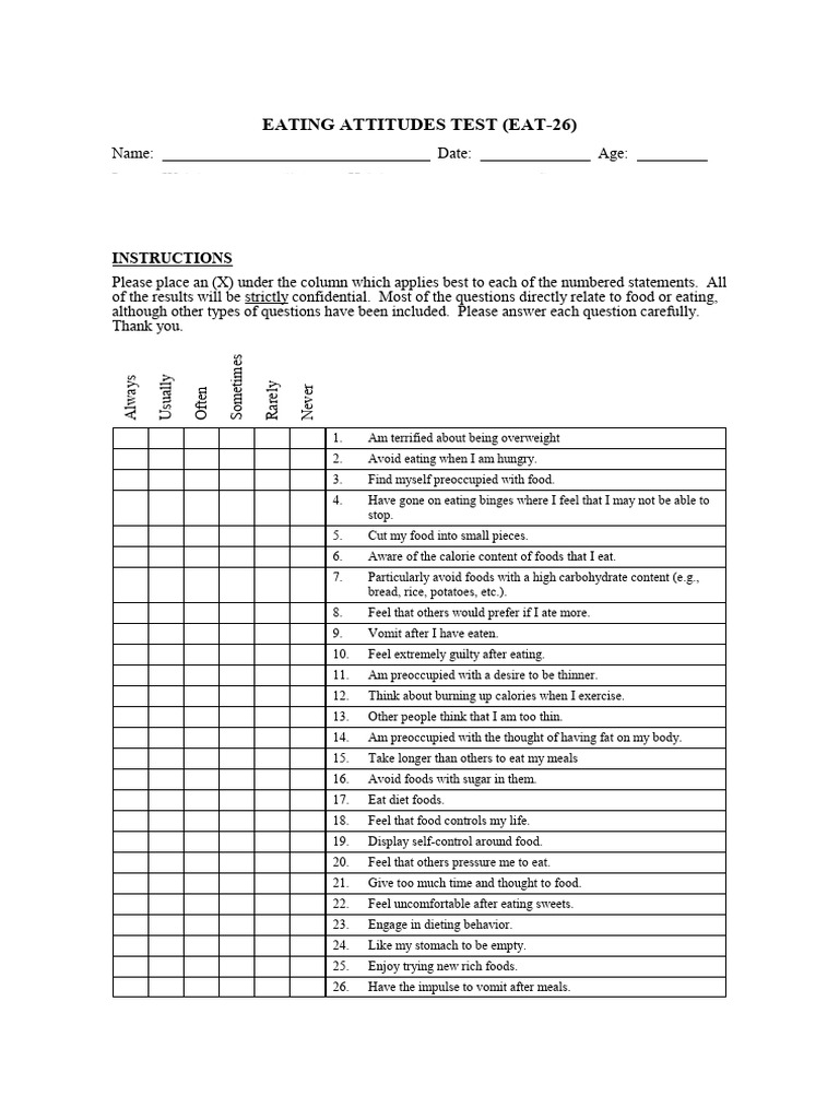 Eating Attiudes Test (EAT 26) | PDF