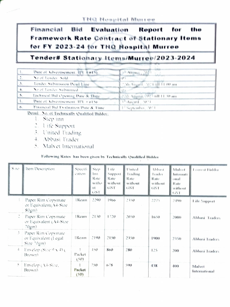 Financial Bid Evaluation Stationary Tender | PDF