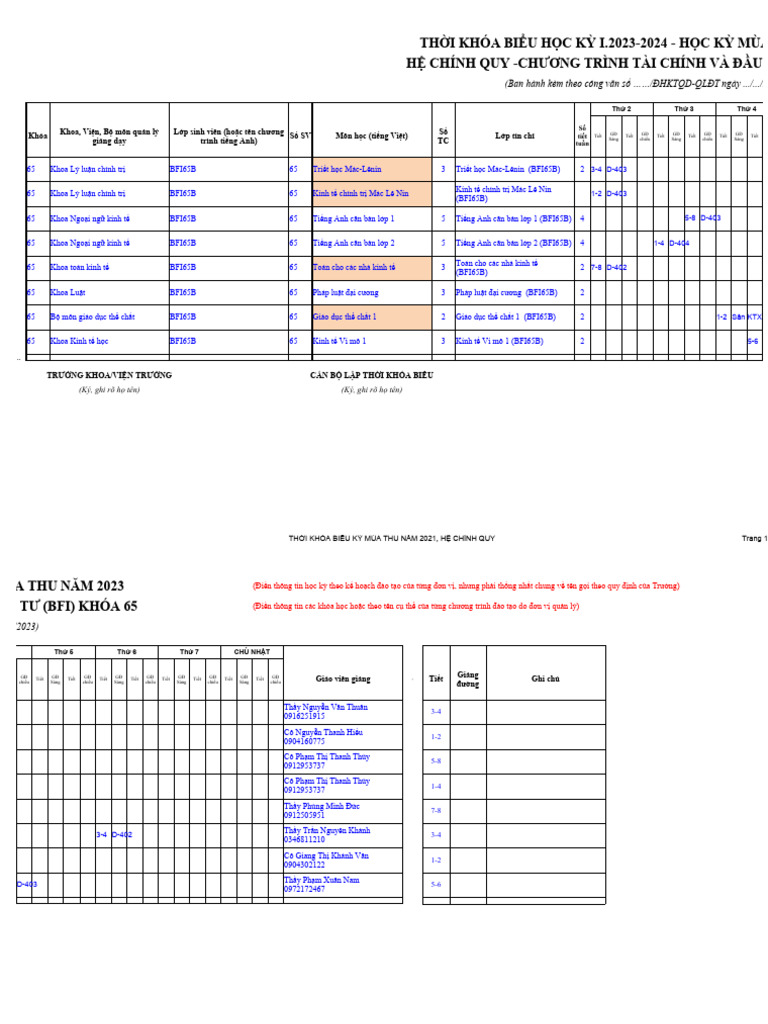 TKB Kỳ THU - 2023 - ĐHCQ - Các Chương Trình Tiếng Anh - K65 (1) Đã Điều Chỉnh | PDF
