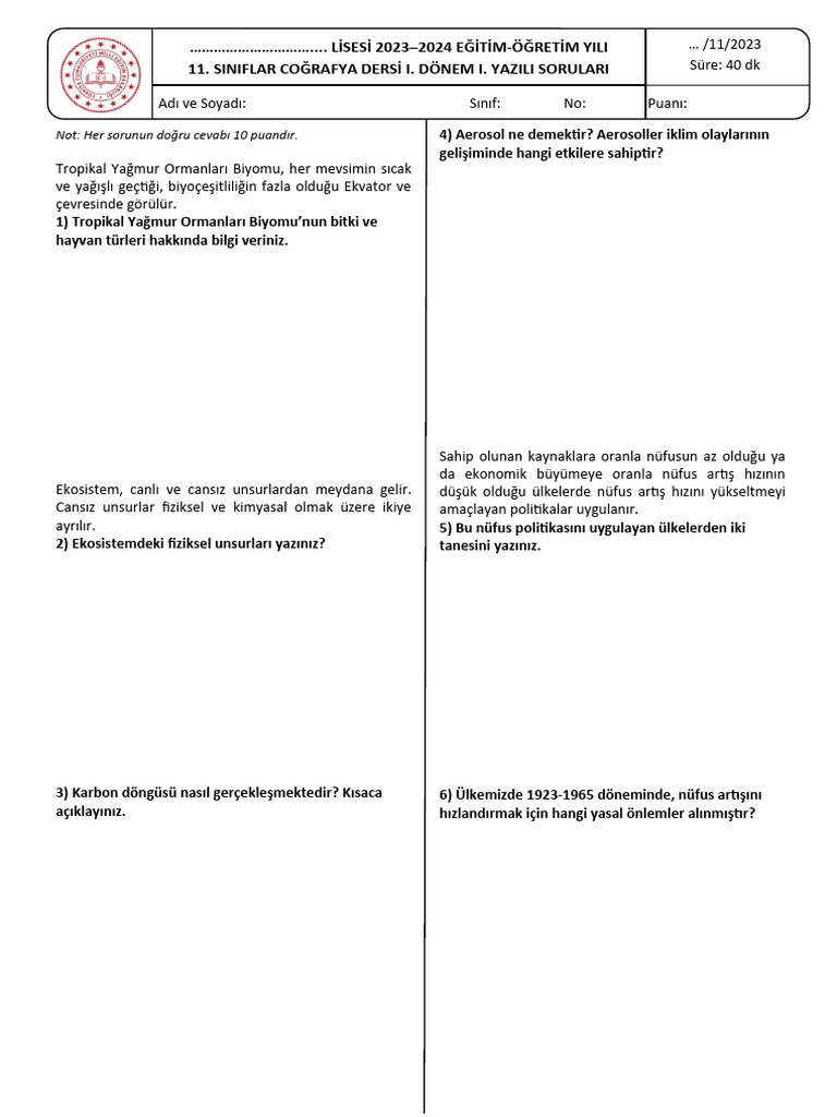 11 Sinif 1 Donem 1 Yazili 2023 2024 | PDF