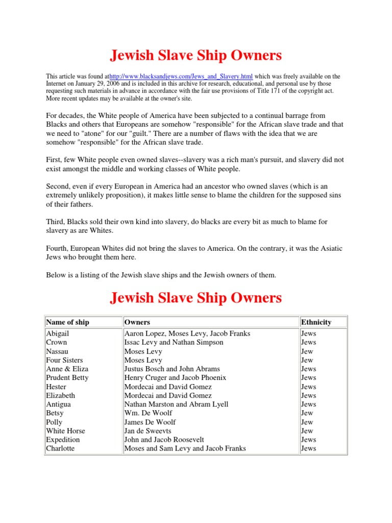 Jewish Slave Ship Owners | Atlantic Slave Trade | Slavery