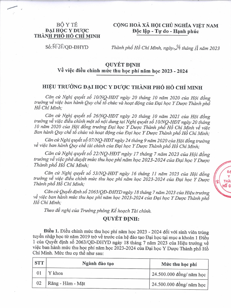 5678.QD - DHYD. Dieu Chinh Muc Thu Hoc Phi 23-24 | PDF