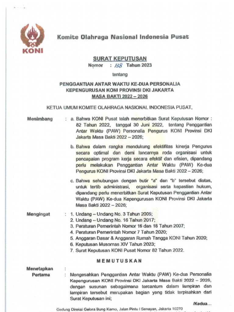 Surat Keputusan Koni Pusat Paw Koni Dki TH 2023 | PDF