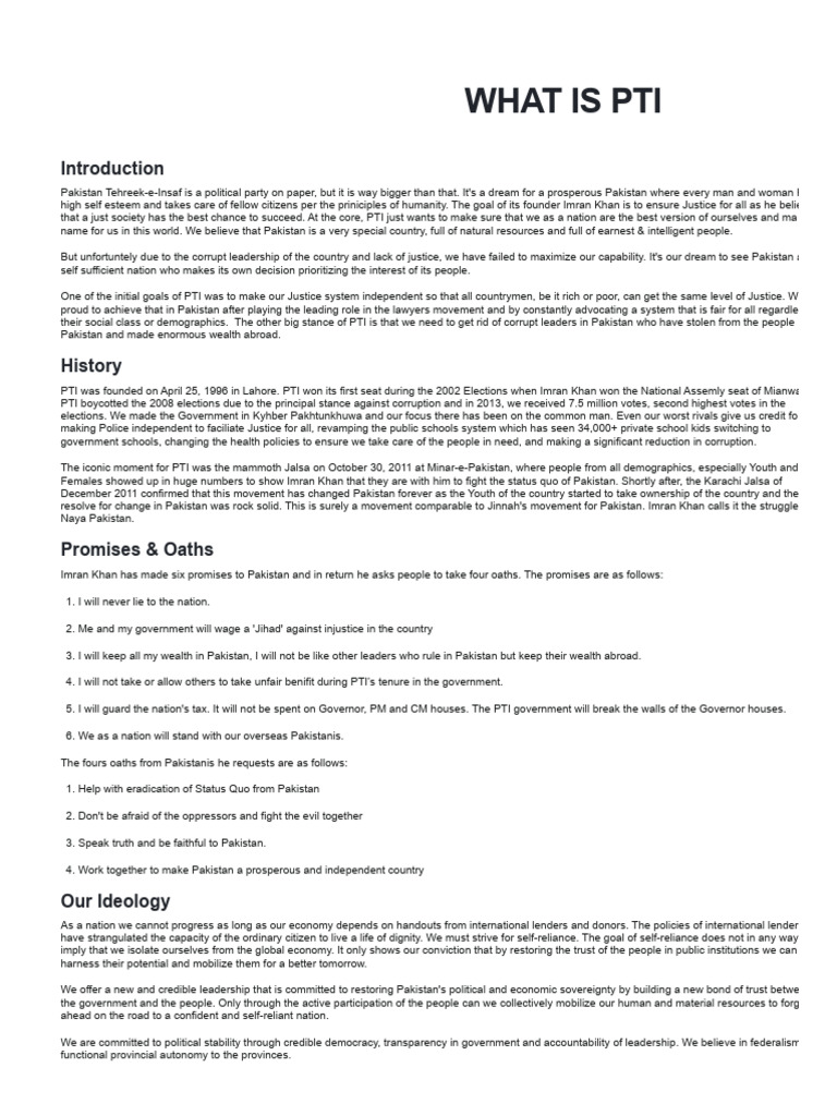 What Is PTI - PTI - Pakistan Tehreek-e-Insaf | PDF