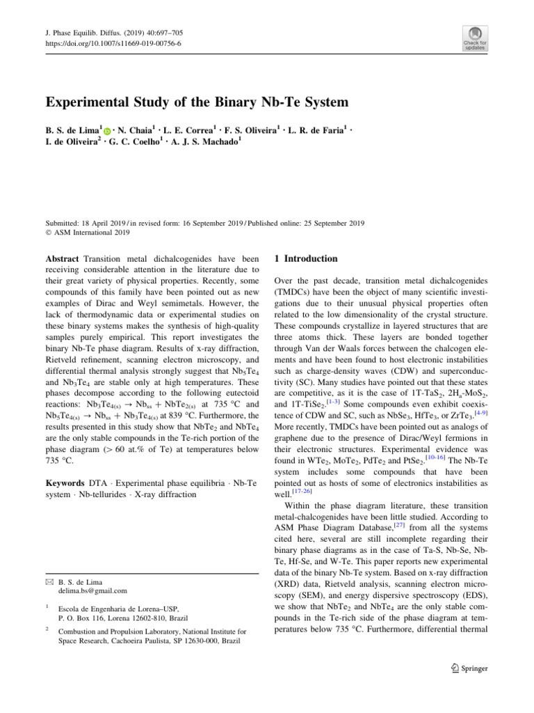 Experimental Study of The Binary Nb-Te System (LIMA Et. Al., 2019) | PDF | X Ray Crystallography ...