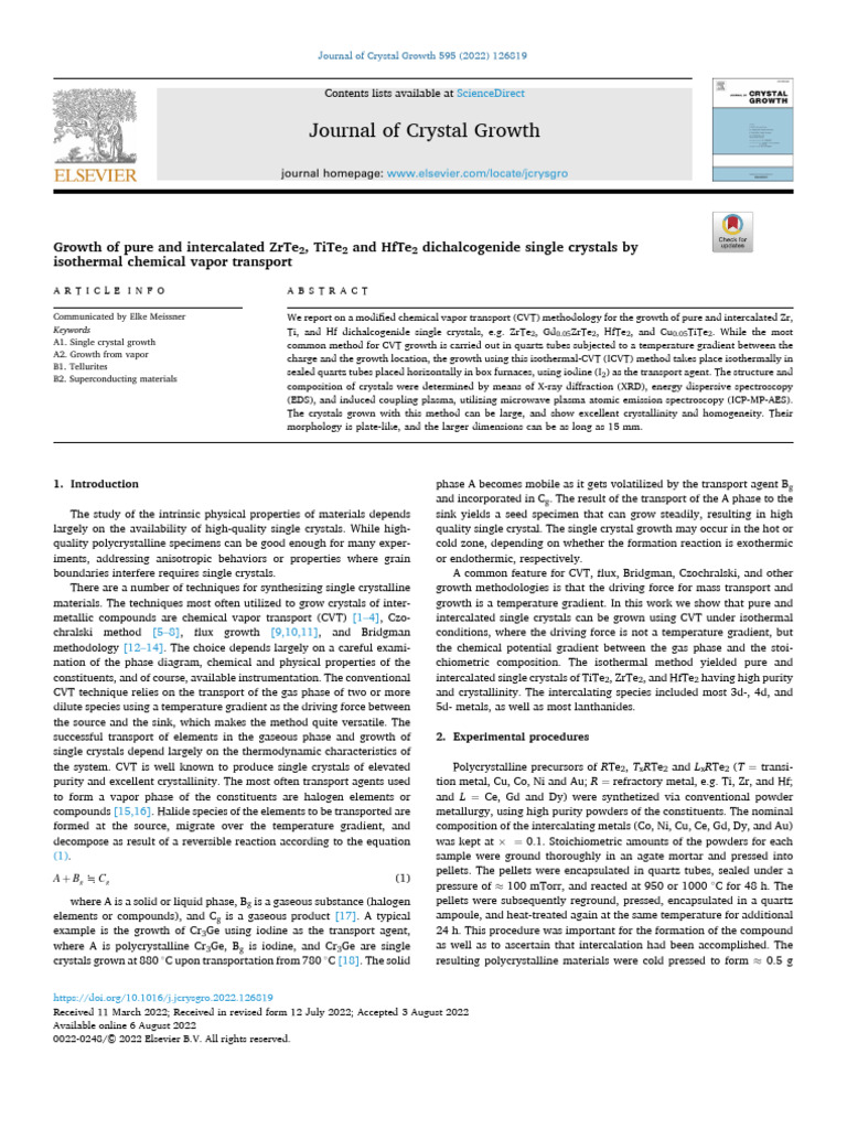 Isothermal Growth of ZrTe2, TiTe2, HfTe2 Crystals | PDF | Social Science