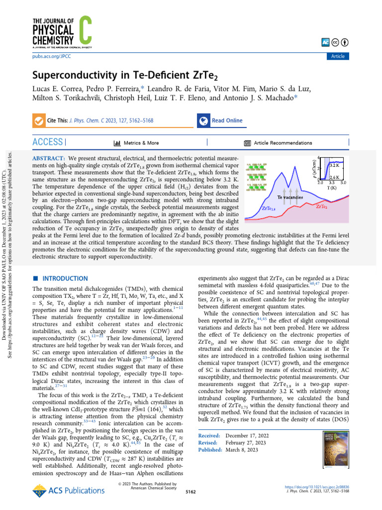 Superconductivity in Te-Deficient ZrTe2 (CORREA Et. Al., 2022) | PDF