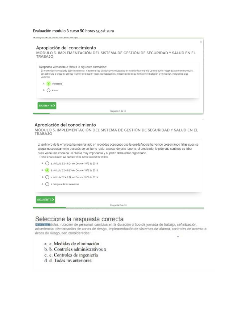 Evaluación Modulo 3 Curso 50 Horas SG-SST Sura | PDF