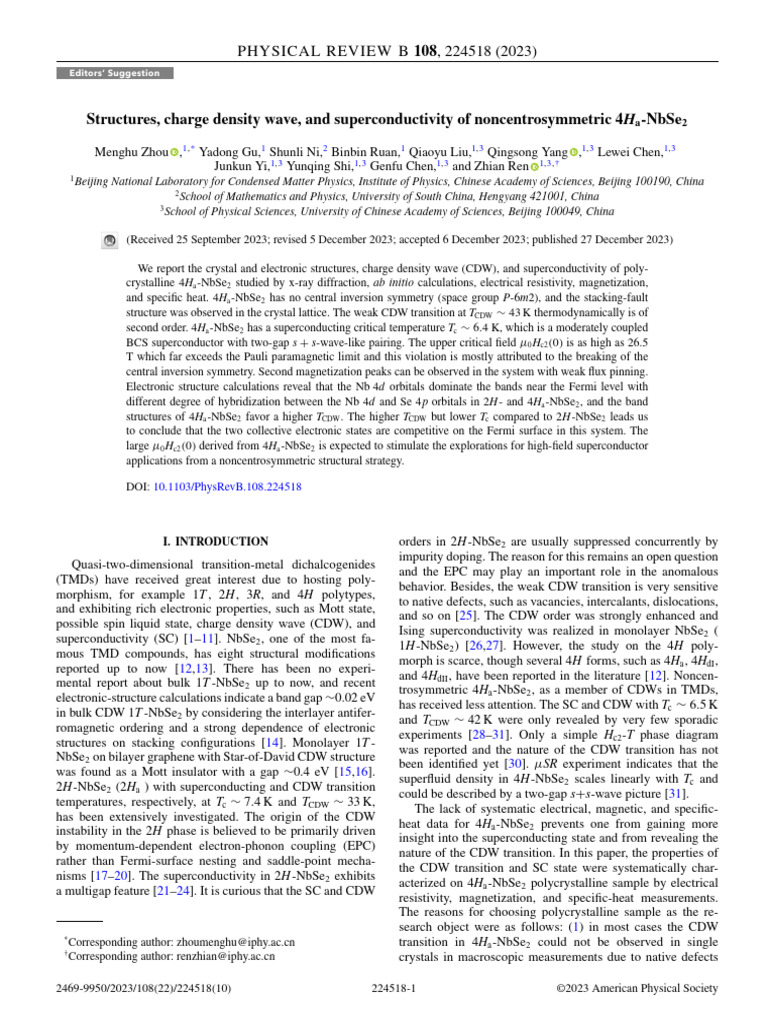 Structures, charge density wave, and superconductivity of noncentrosymmetric 4Ha-NbSe2 (ZHOU ...