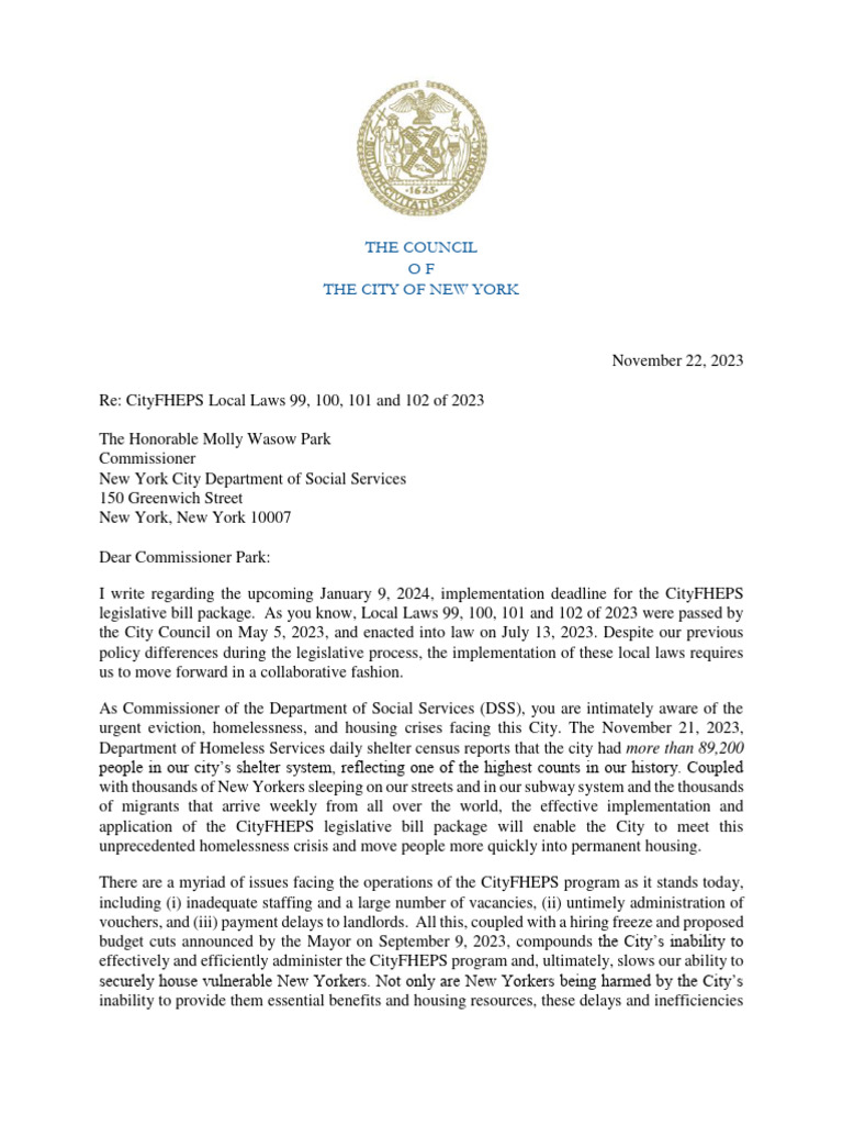 Ayala DSS Commissioner CityFHEPS Letter November 22, 2023 FINAL | PDF