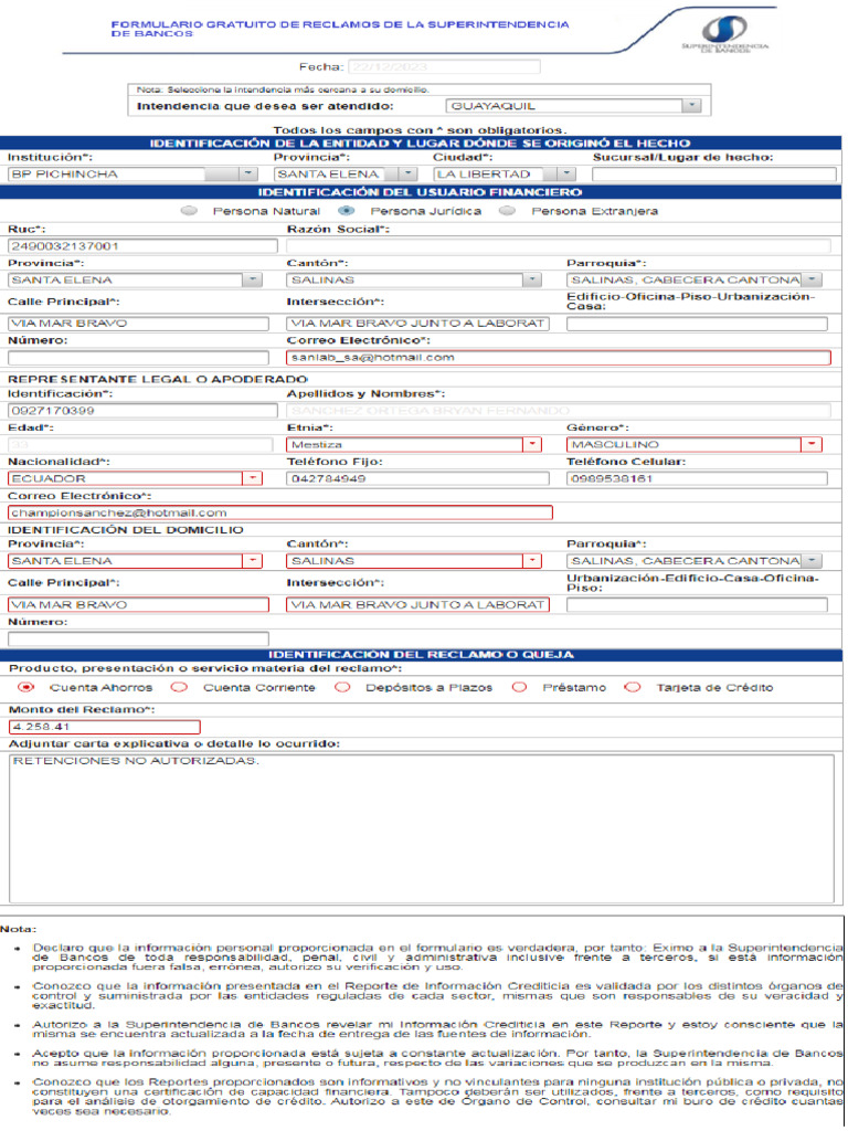 Formulario de Reclamo SUPER DE BANCOS. | PDF