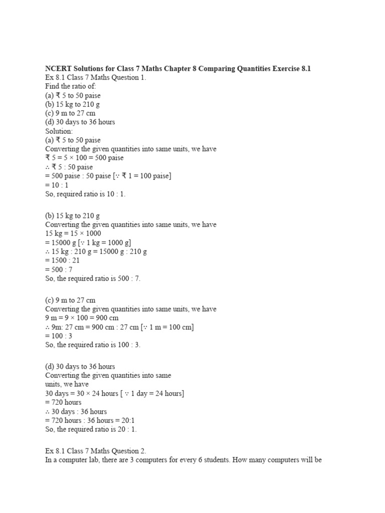 Class 7 Maths Comparing Quantities | PDF