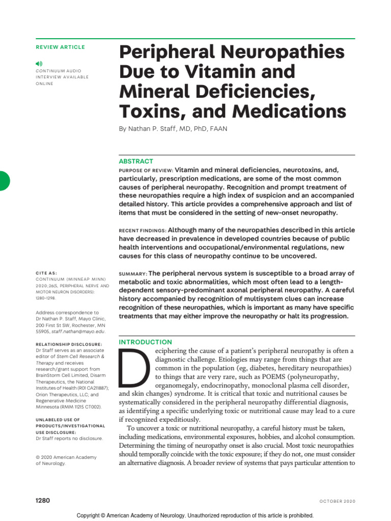 Peripheral Neuropathies Due To Vitamin and Mineral Deficiencies, Toxins ...