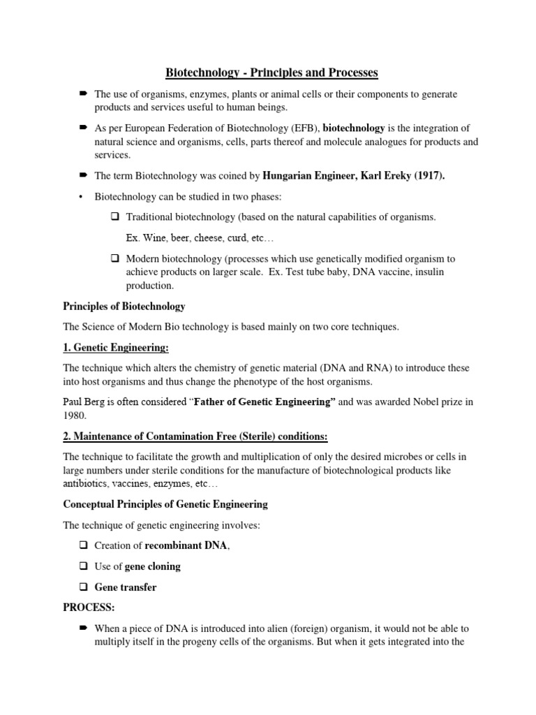 Biotechnology - Principles and Processes - Notes - June 2023 | PDF ...