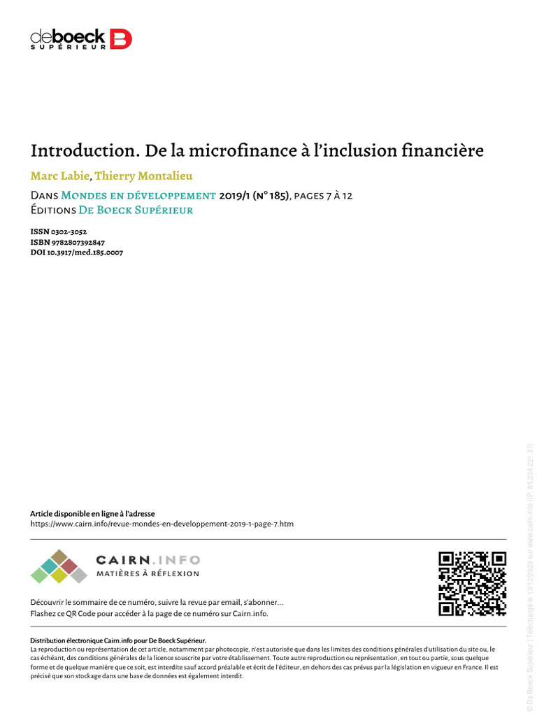 Introduction. de La Micrfinance À L'inclusion Financière | PDF