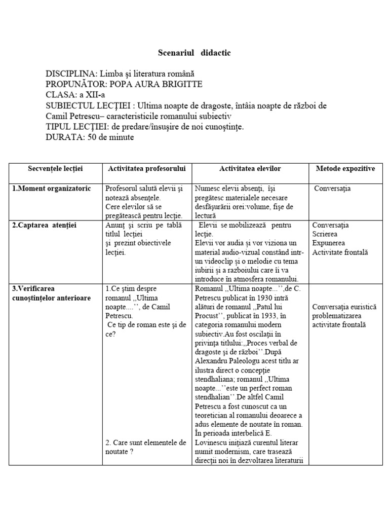 Scenariu Didactic + Metode Expozitive POPA AURA BRIGITTE | PDF