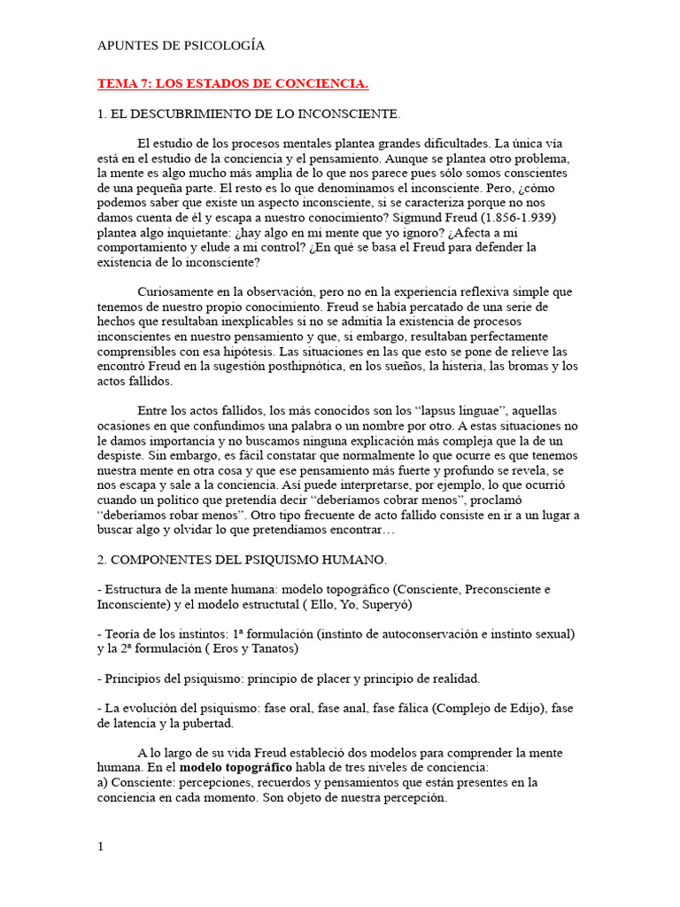 Tema 7 Los Estados de Conciencia | PDF | Carné de identidad | Mente inconsciente