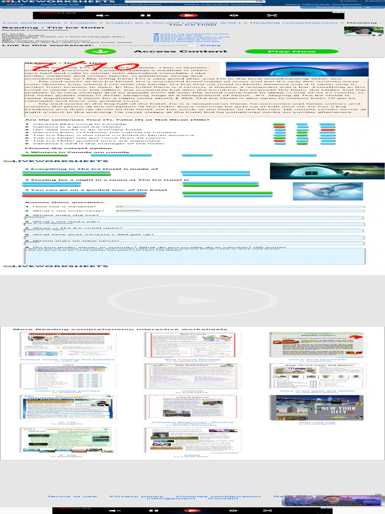 Reading - The Ice Hotel Worksheet | PDF | English As A Second Or ...