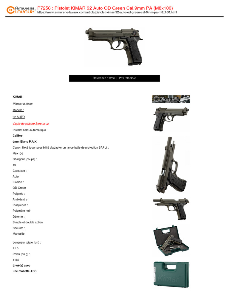 P7256: Pistolet KIMAR 92 Auto OD Green Cal.9mm PA (M8x100) | PDF
