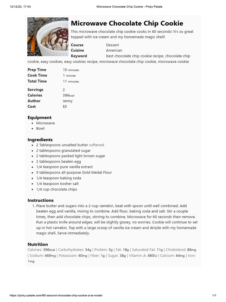 Microwave Chocolate Chip Cookie - Picky Palate | PDF