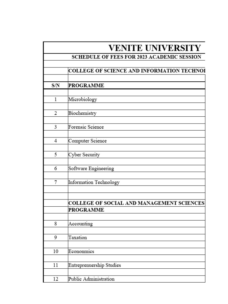 Venite - University - Fee Structure 2 1 | PDF