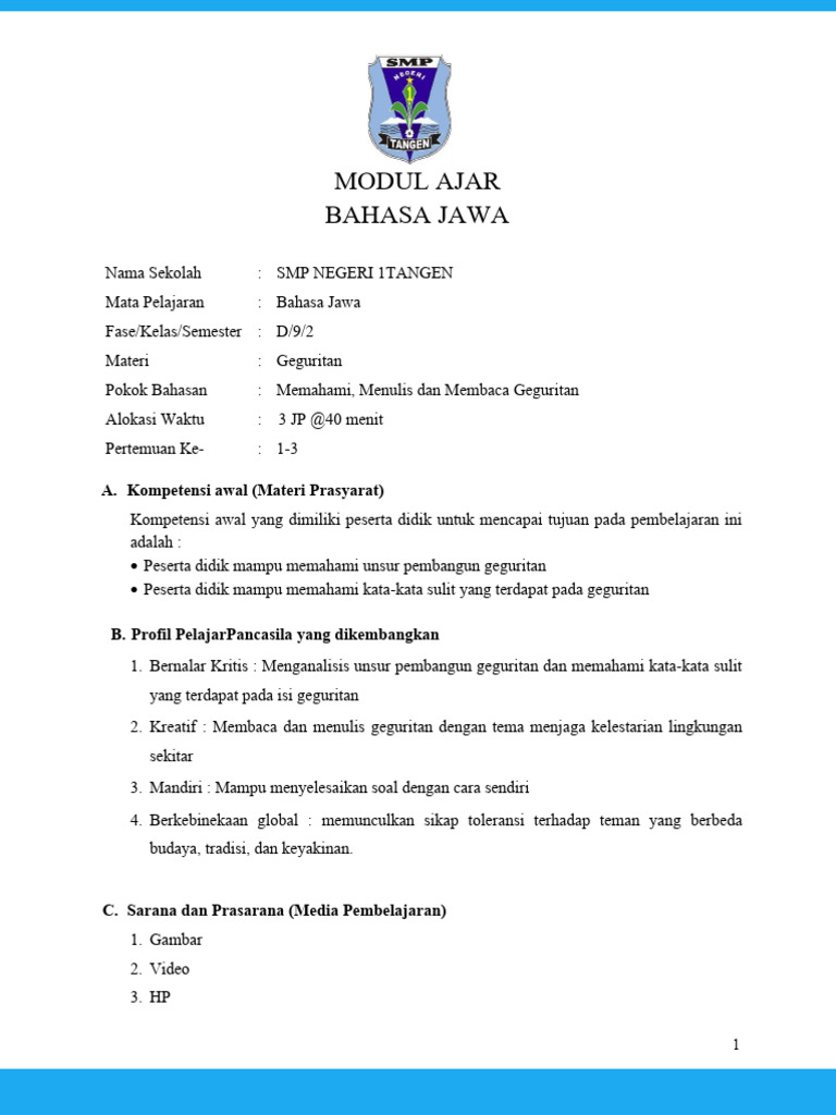Modul Ajar 1 Geguritan SMT Gnap | PDF