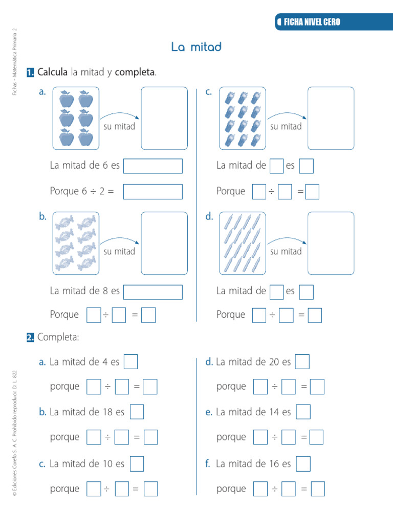Fichas de Matemática: La Mitad en Primaria | PDF