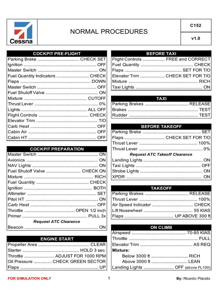Cessna 152 Normal Procedures v1.0 | PDF | Aviation | Manufactured Goods