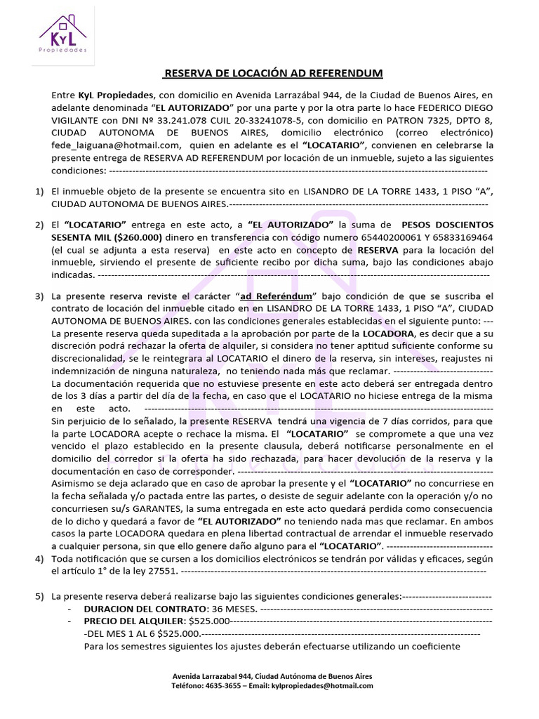Reserva de Locacion AD REFERENDUM 2023 | PDF