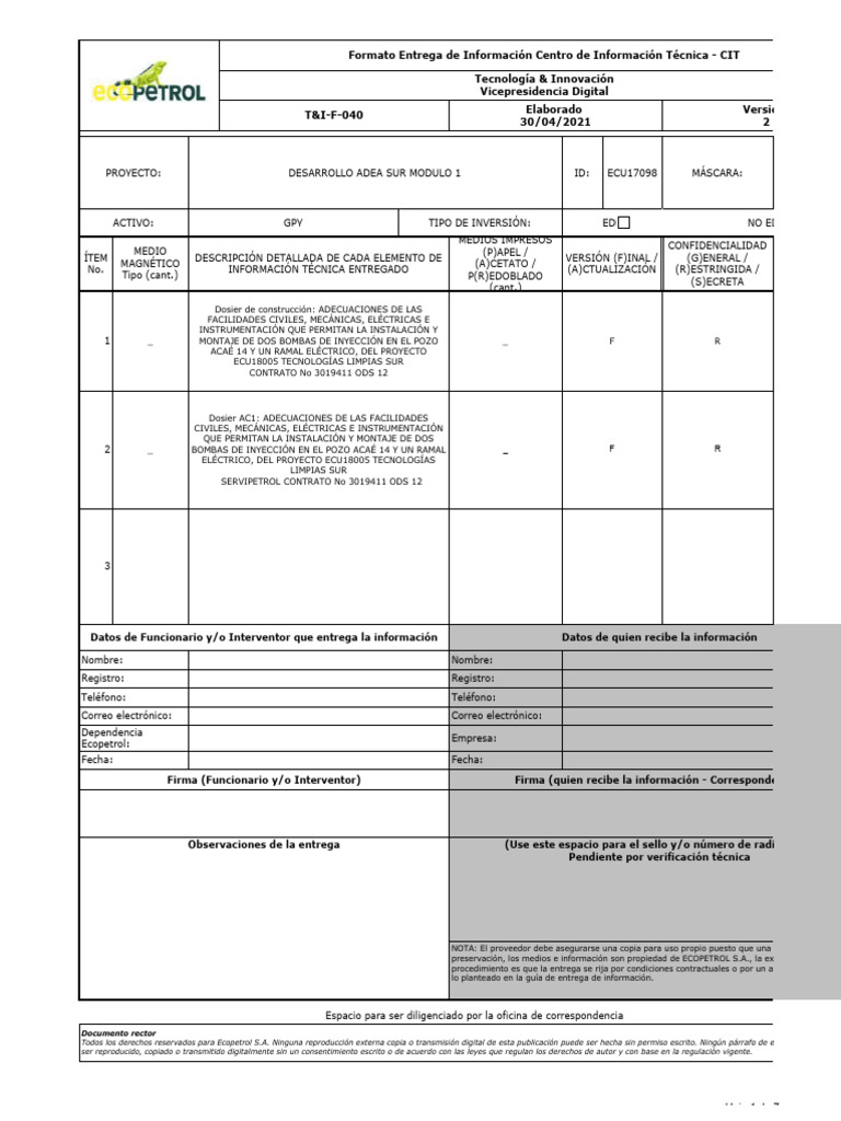 T&I-F-040 Formato Entrega de Información Centro de Información Técnica ...