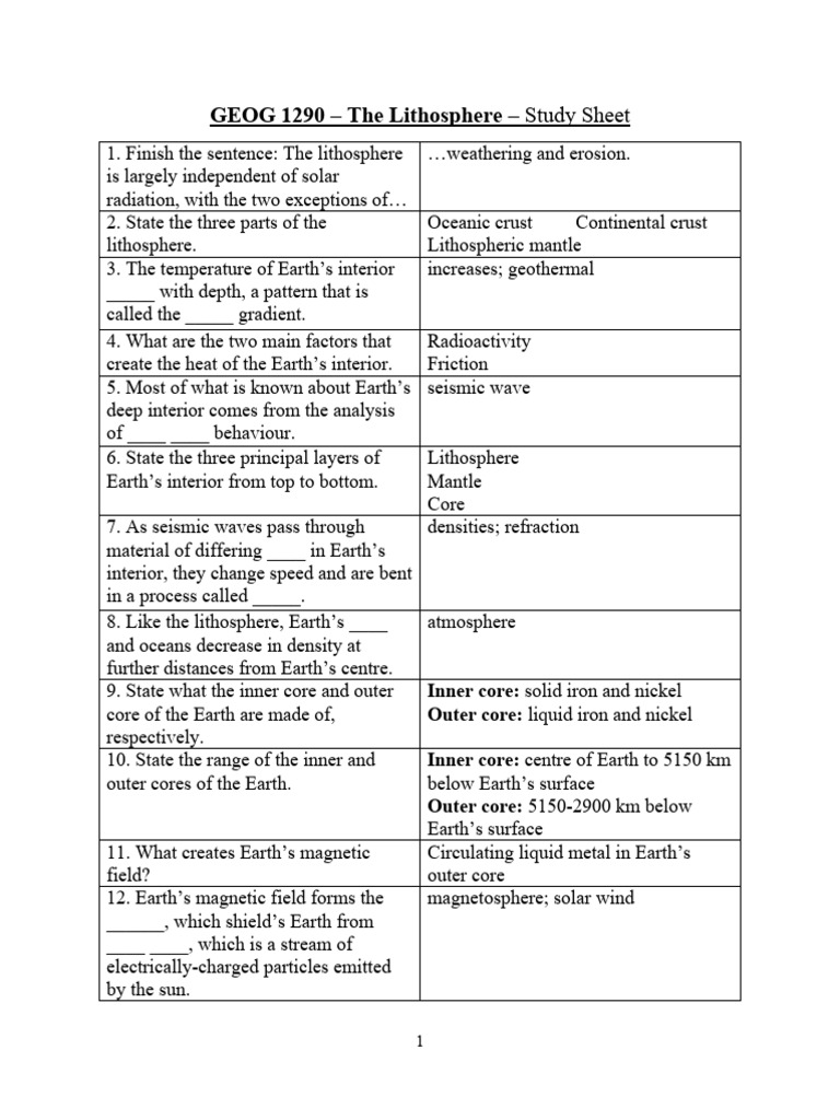 The Lithosphere - Study Sheet | PDF
