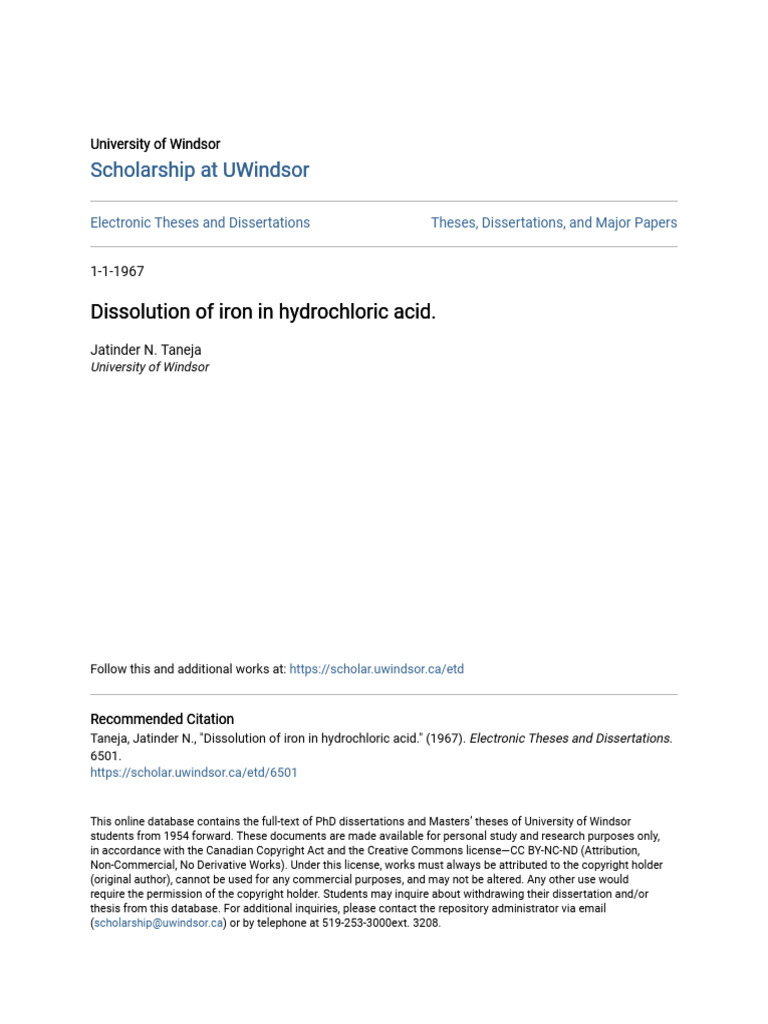 Dissolution of Iron in Hydrochloric Acid. | PDF