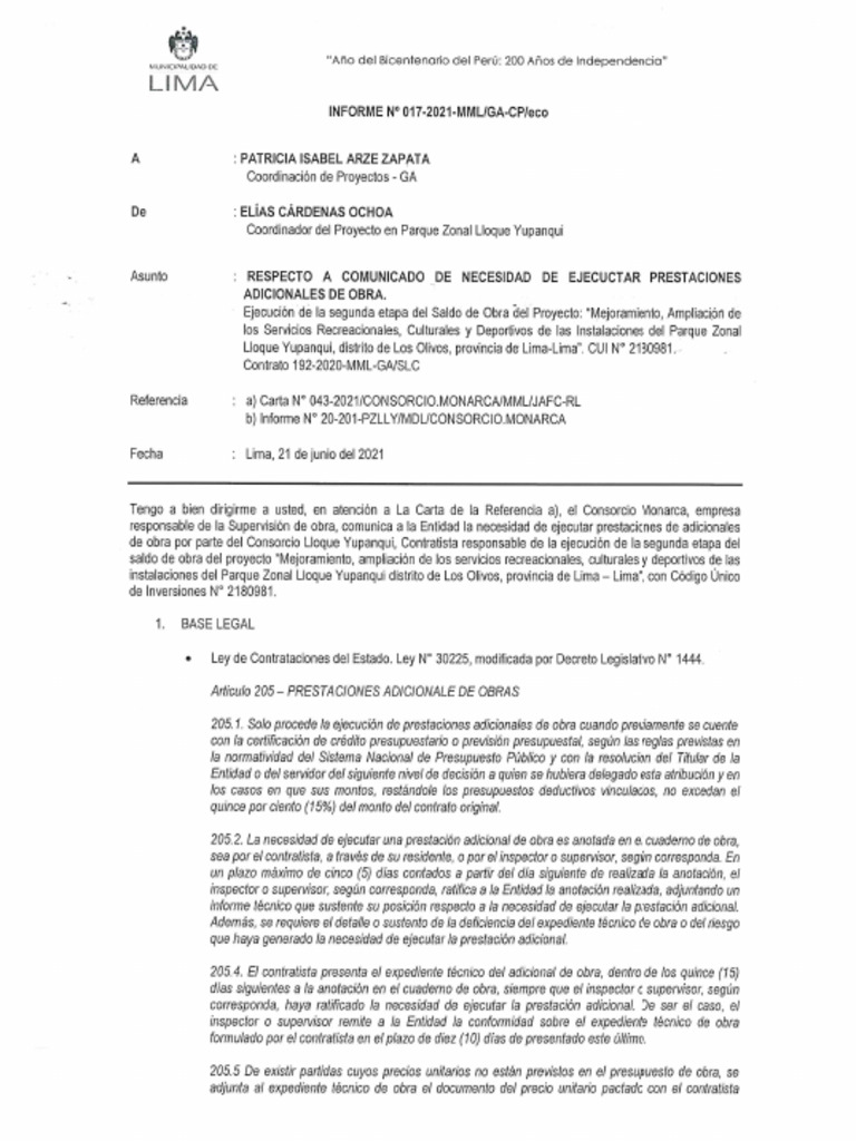 Informe 17 2021 MML Ga CP Eco - Adicional de Obra | PDF
