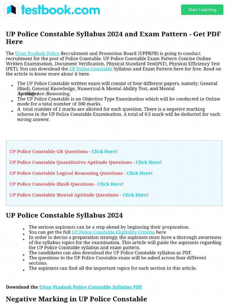 UP Police Constable Syllabus 2024 and Exam Pattern - Get PDF Here | PDF