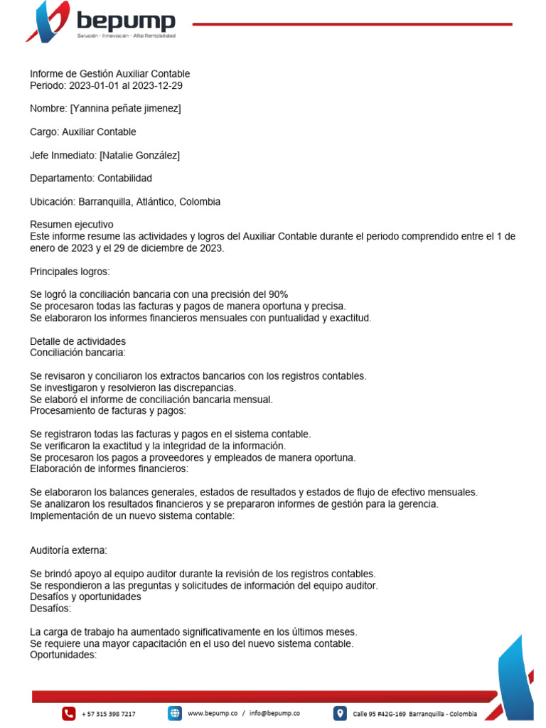 Informe de Gestion de Auxiliar Contable 2023 | PDF