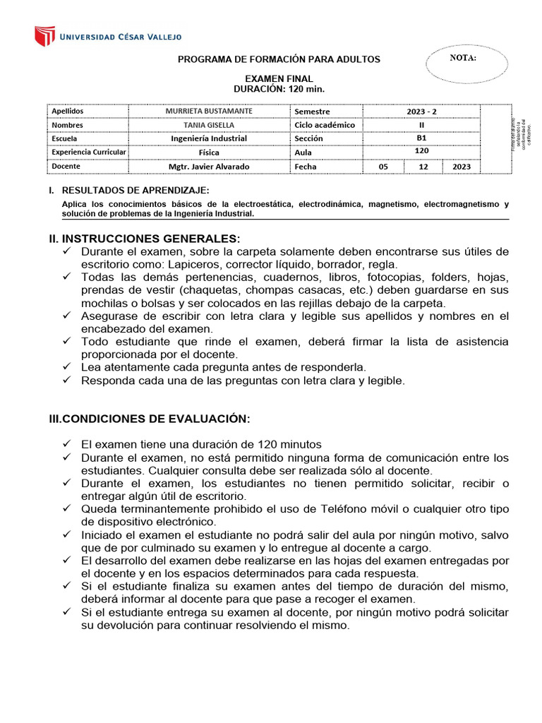 Examen Final Fisica 2023-II - Tania Murrieta | PDF | Corriente eléctrica | Física Aplicada e ...