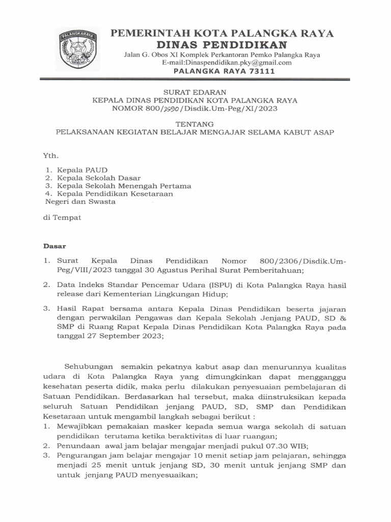 Surat Edaran Kadisdik Kota Palangka Raya | PDF