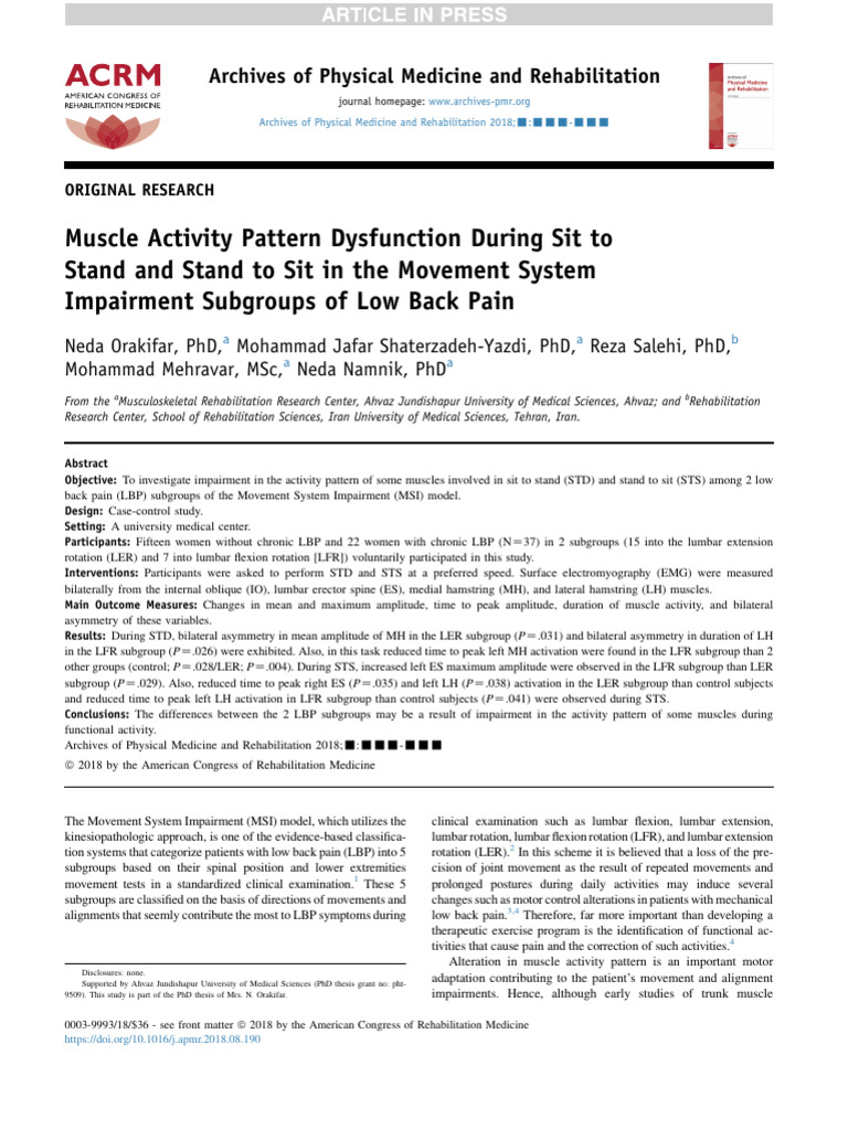 Group Pattern Muscle Activity Lower Back Pain | PDF | Electromyography ...