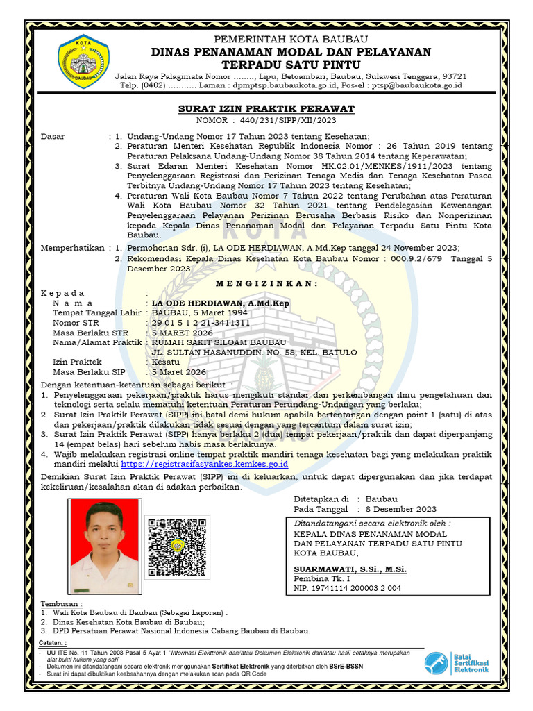 Dinas Penanaman Modal Dan Pelayanan Terpadu Satu Pintu: Surat Izin Praktik Perawat | PDF
