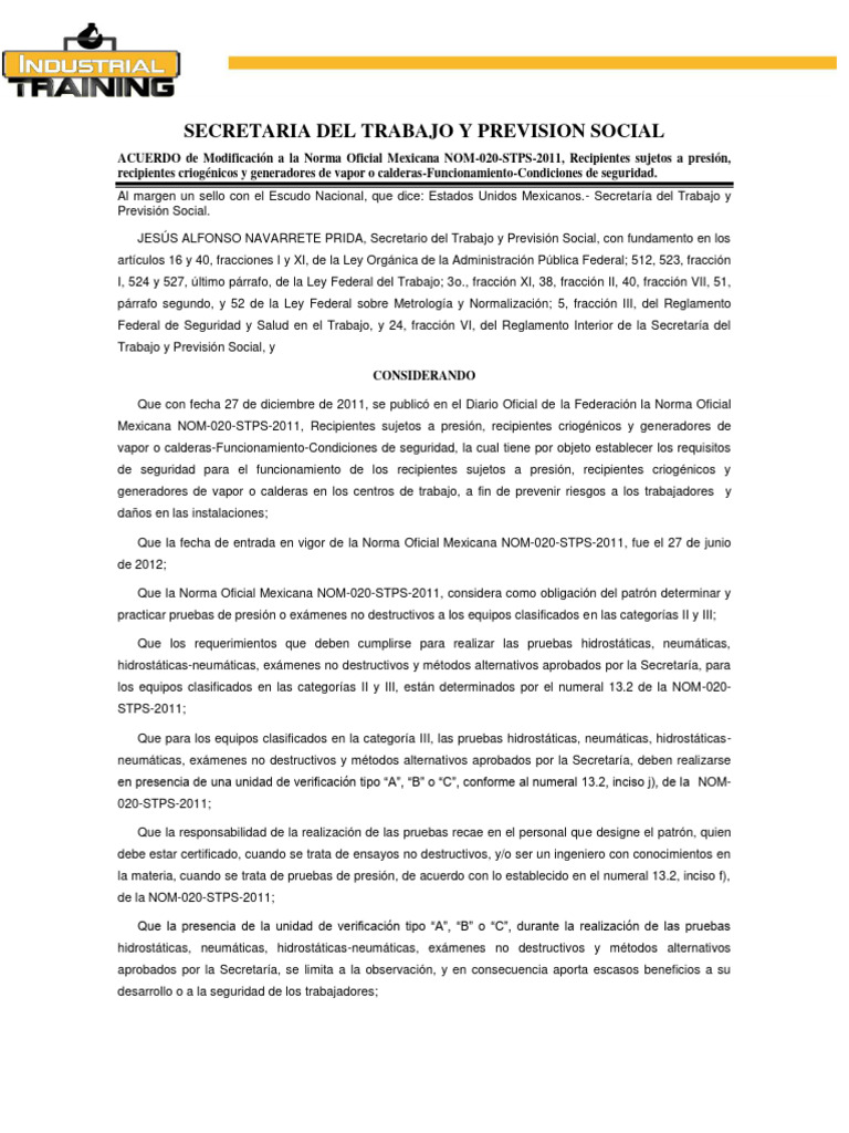 Modificación NOM-020-STPS-2011 Seguridad | PDF