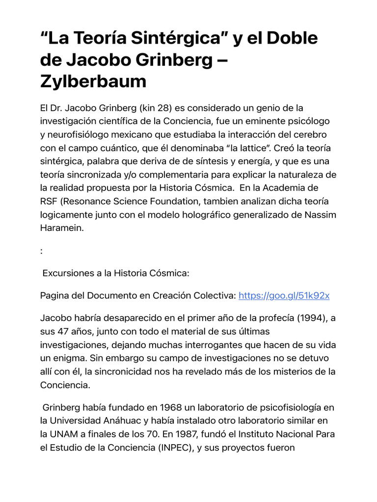 "La Teoría Sintérgica" y El Doble de Jacobo Grinberg - Zylberbaum | PDF