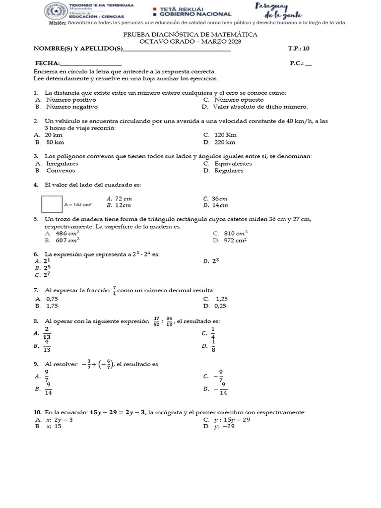 Prueba Matemática 8vo Grado Iturbe | PDF